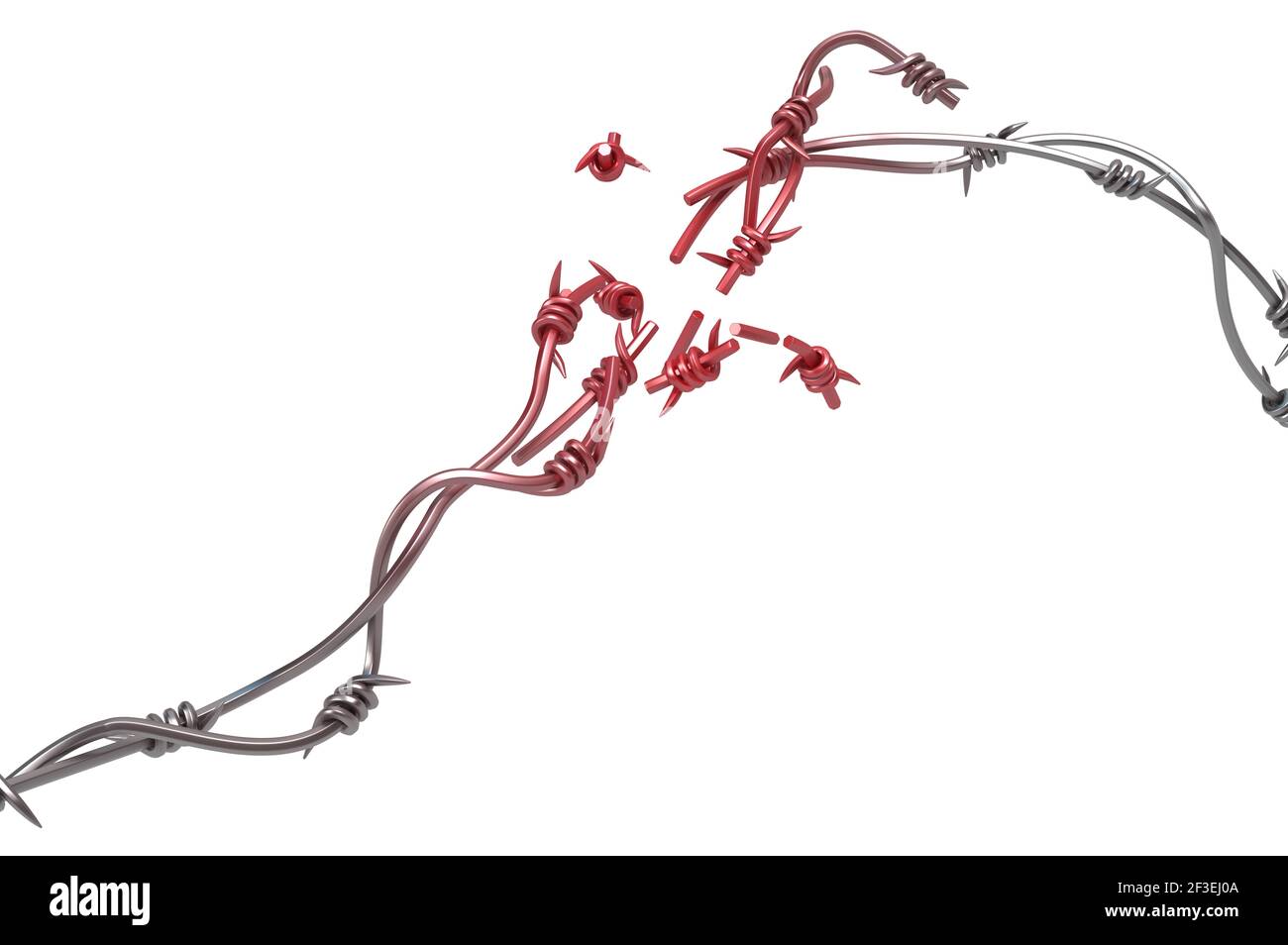 Barbed wire breaking red, grey metal 3d illustration, isolated ...