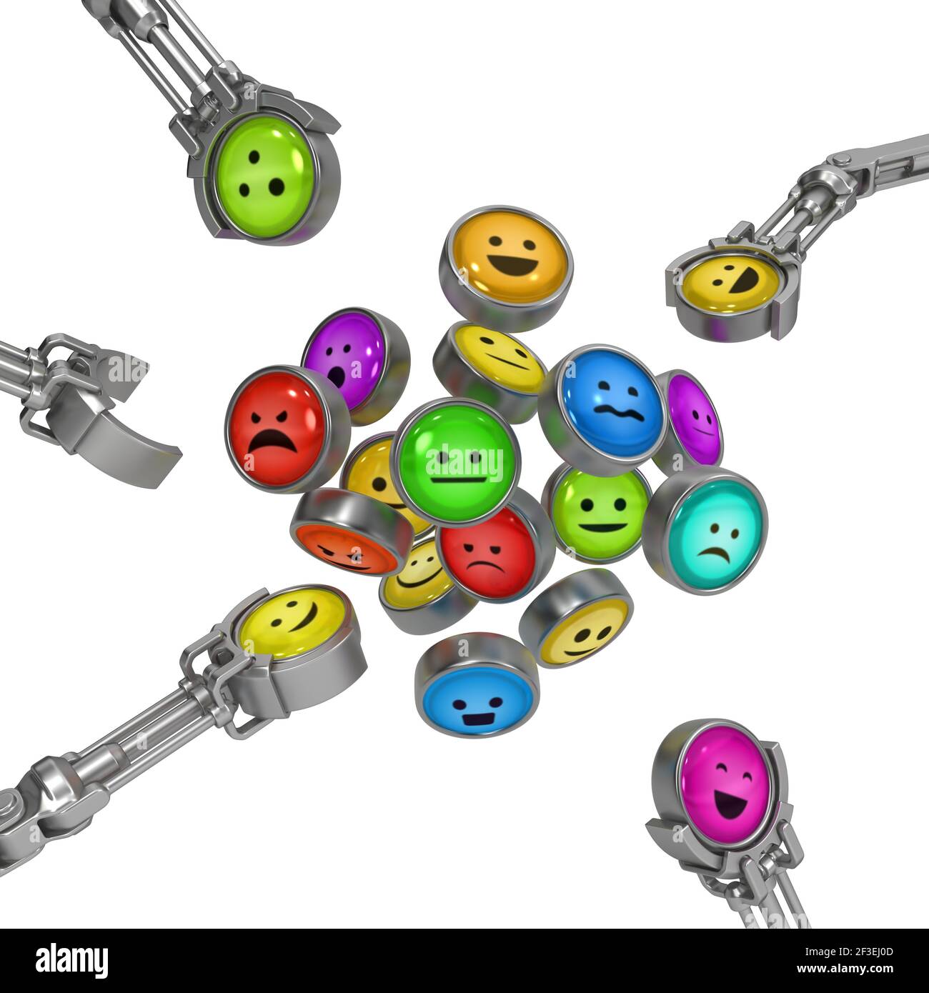 Emotion buttons metal robotic arm picking 3d illustration, isolated ...