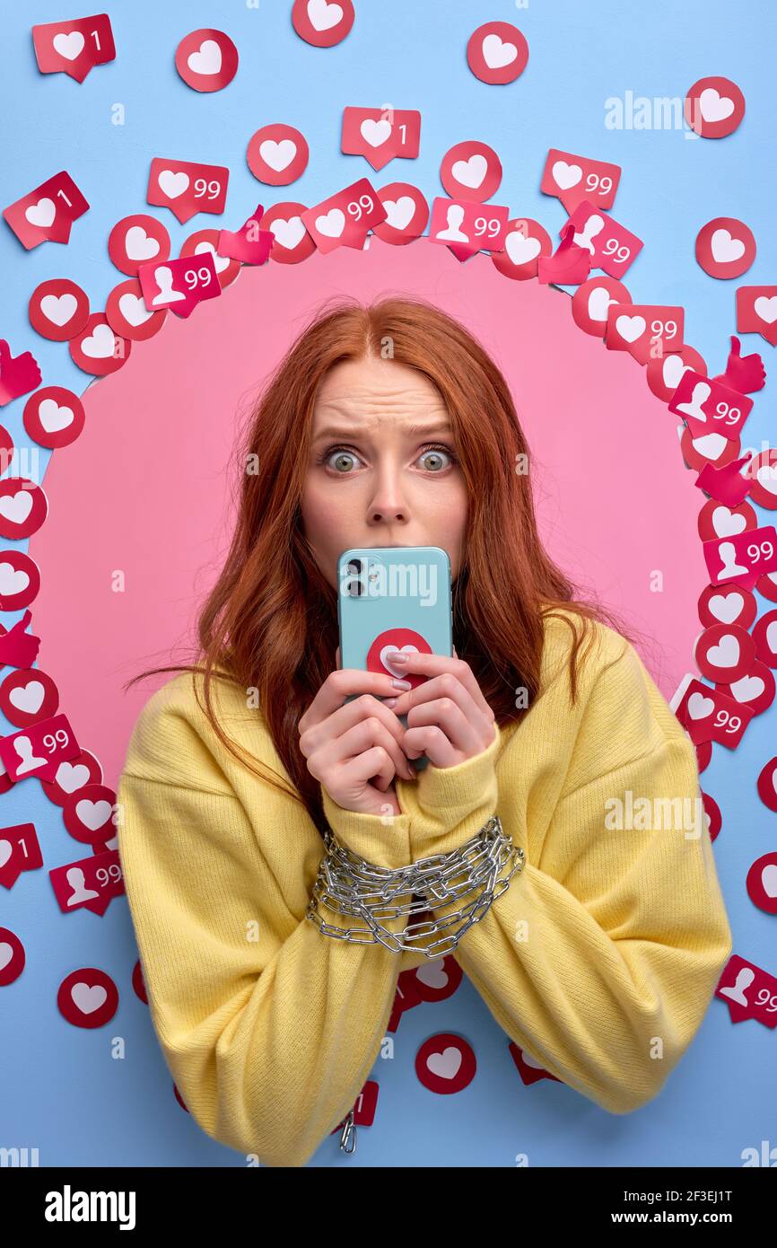 Redhead Woman Obsessed With Internet Female Hands Tied With Chain