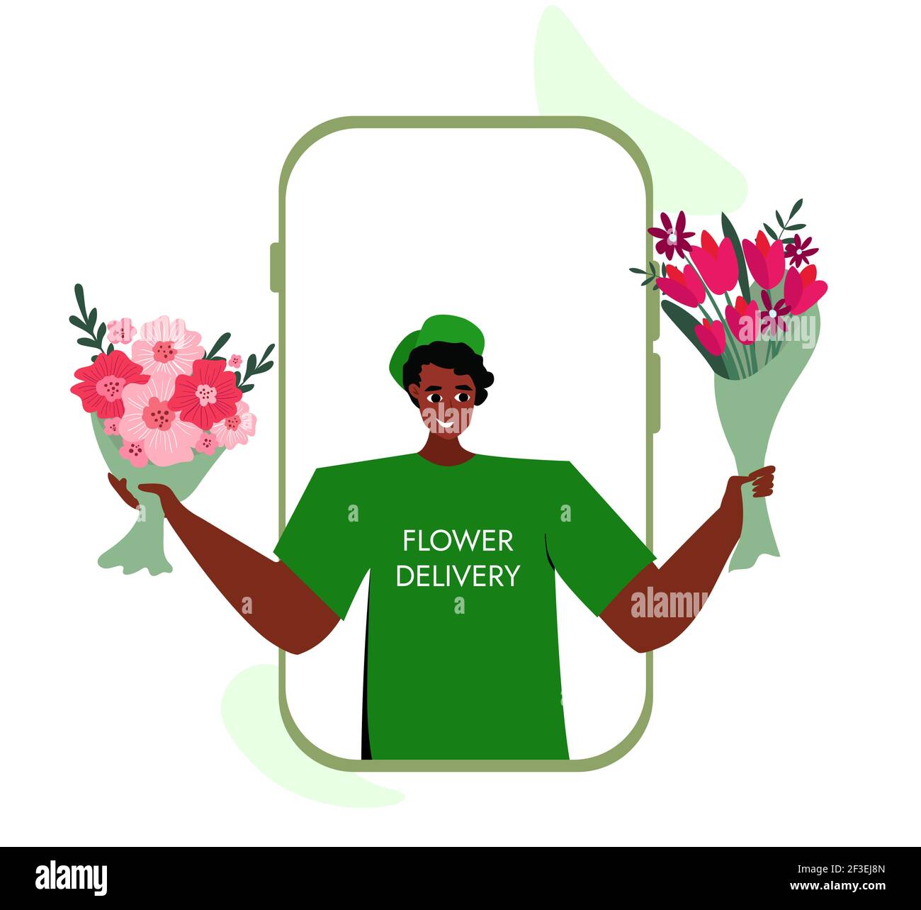 Receiving Blooming Plants in Wrapping from Man Courier Worker. Flower ...