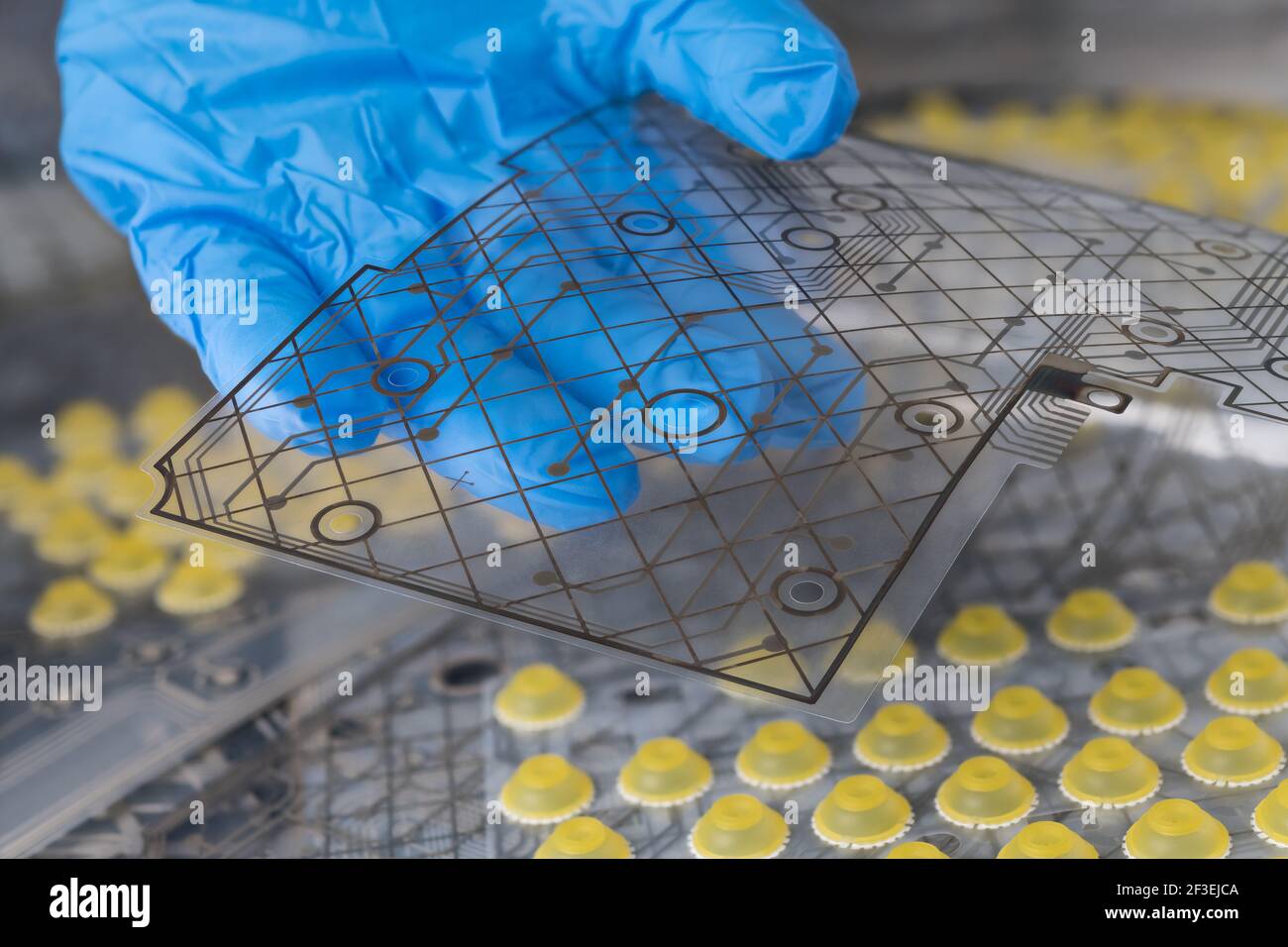 Transparent flex circuit board detail with printed copper layer ...