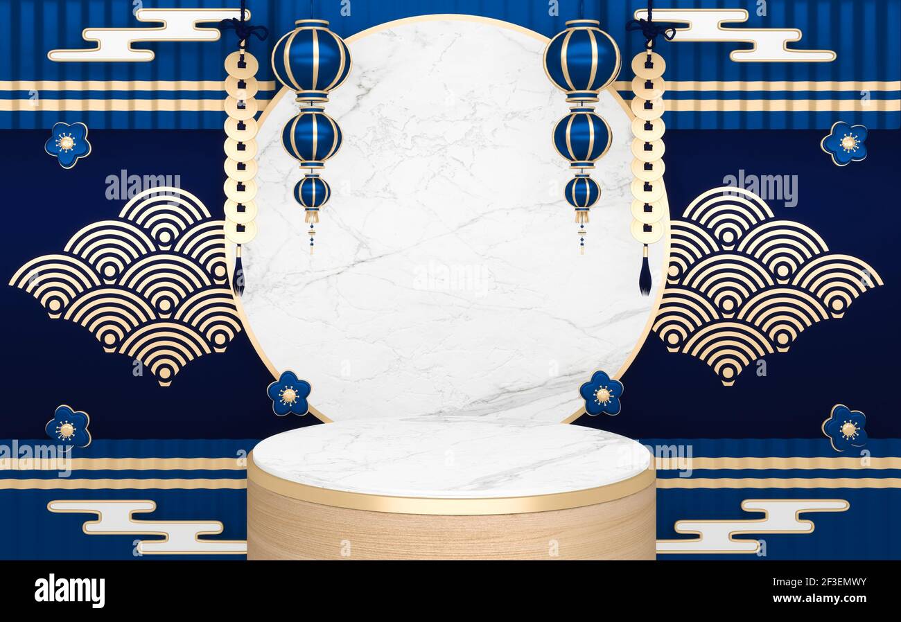 Blue Podium,minimal podium geometric and decoration color japanese tone ...