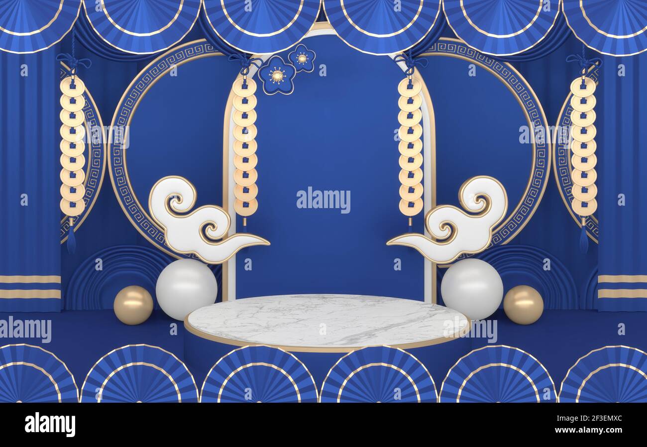 Blue Podium,minimal podium geometric and decoration color japanese tone ...