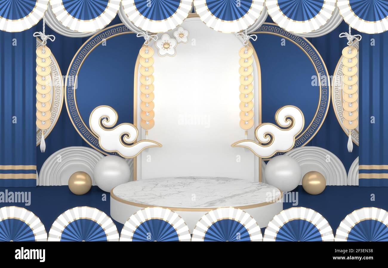 Blue Podium,minimal podium geometric and decoration color japanese tone ...