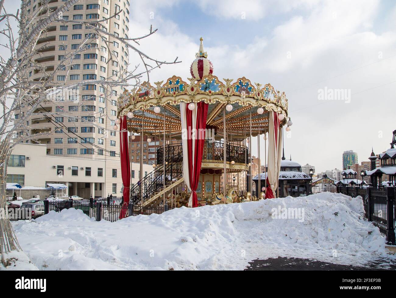 Old classic French vintage carousel in a holiday park. Moscow, Russia ...