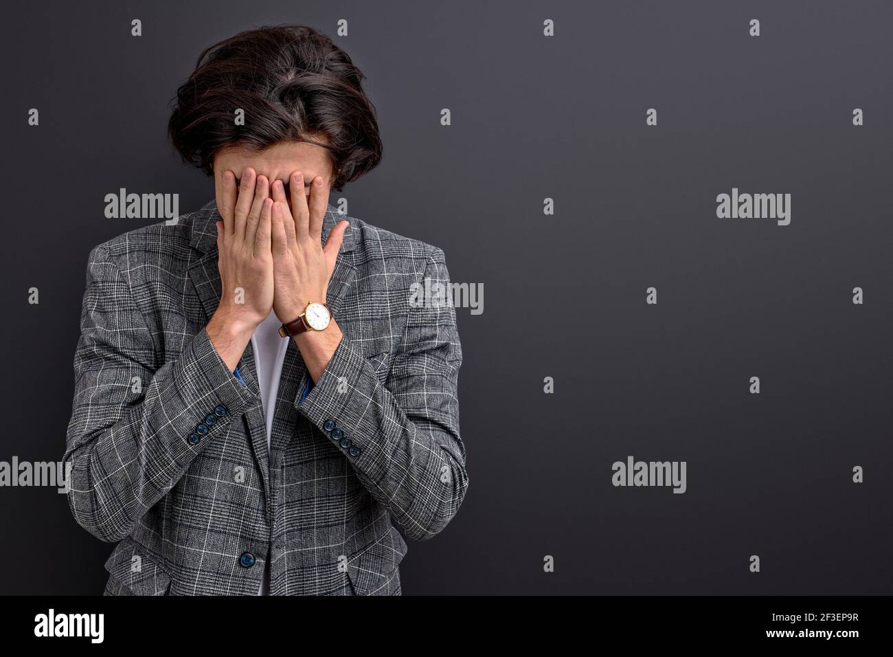 sad male cry, being in stressful situation isolated on black background ...