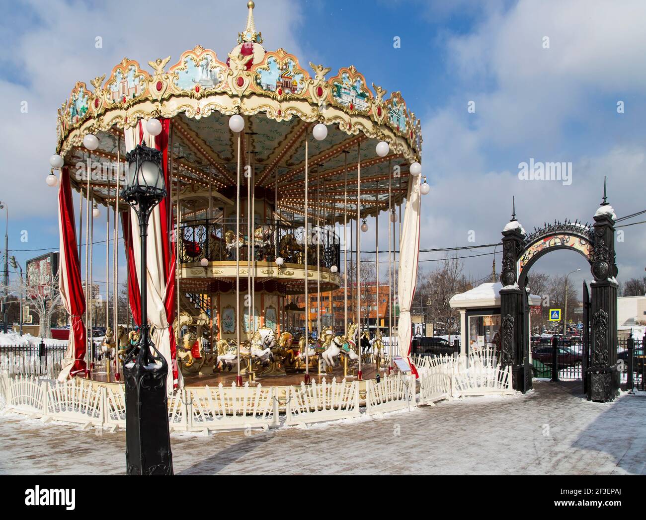 Old classic French vintage carousel in a holiday park. Moscow, Russia ...