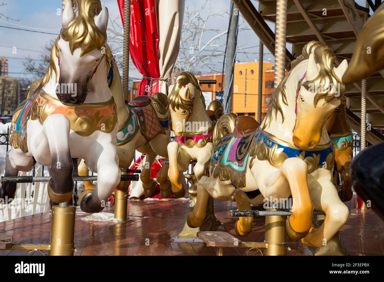 Old classic French vintage carousel horse in a holiday park (close up ...