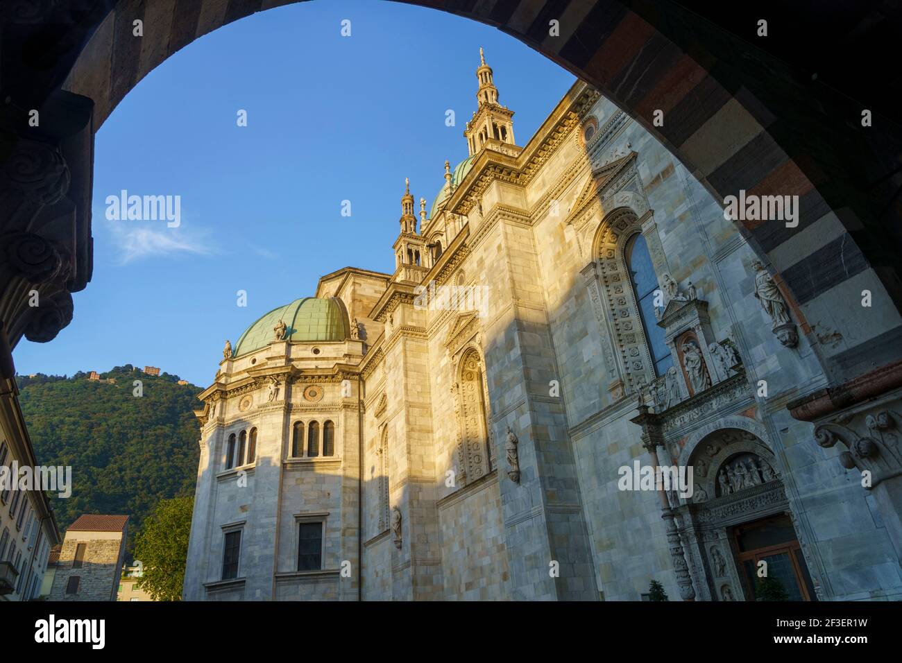 Como, Lombardy, Italy: the historic center at evening: exterior of the ...