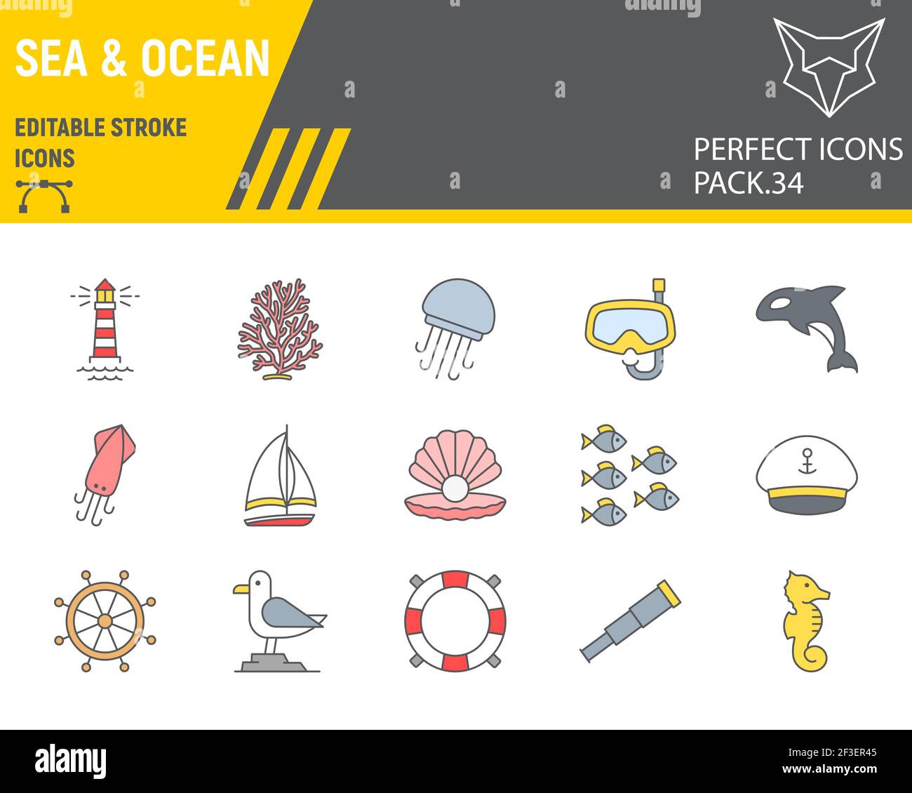 Sea and Ocean color line icon set, ocean animals collection, vector ...
