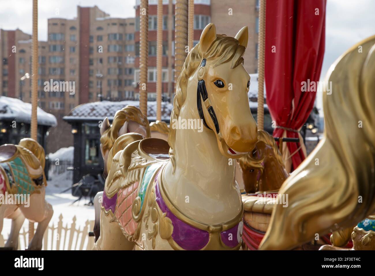 Old classic French vintage carousel in a holiday park. Moscow, Russia ...