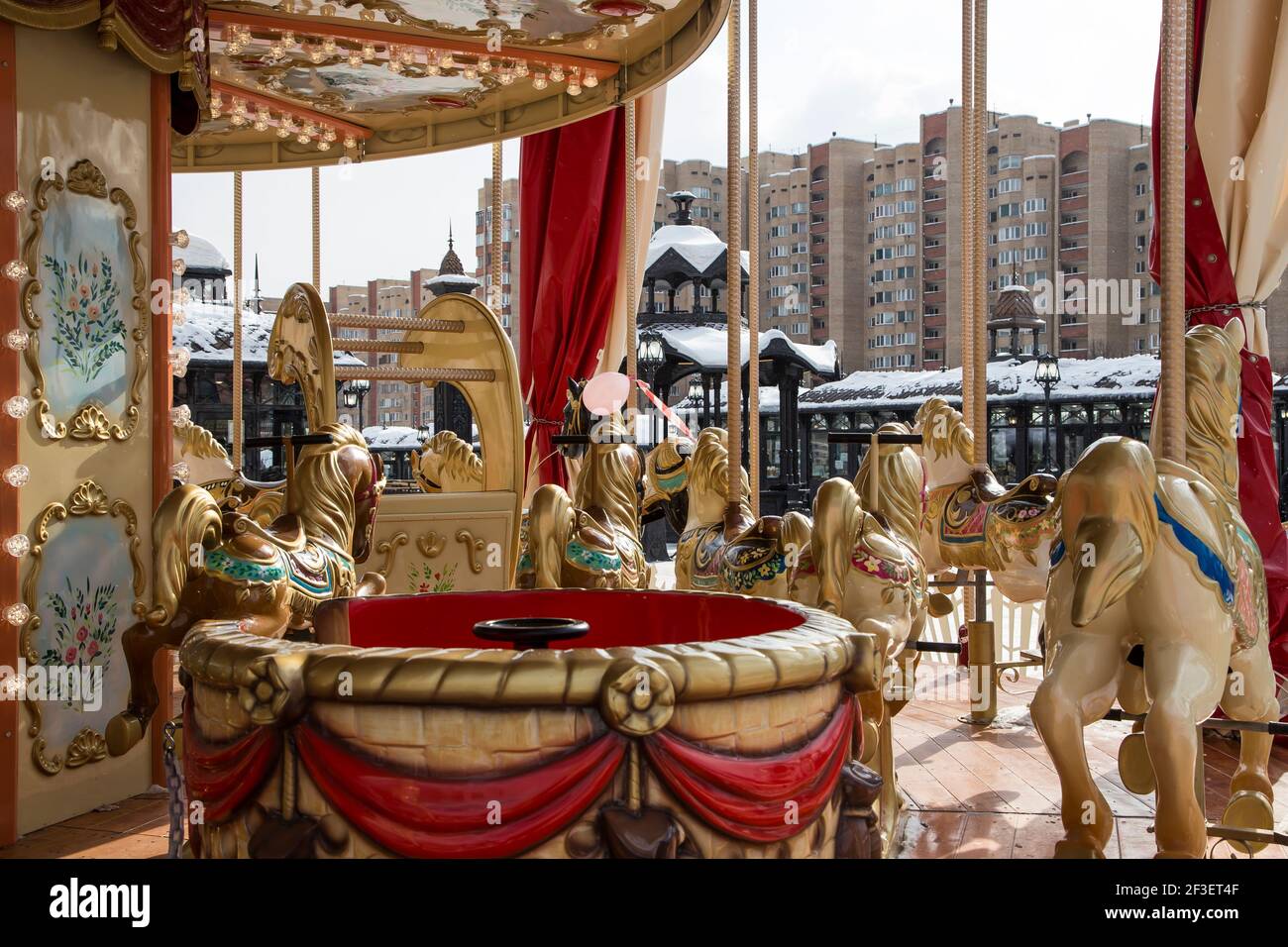 Old classic French vintage carousel in a holiday park. Moscow, Russia ...