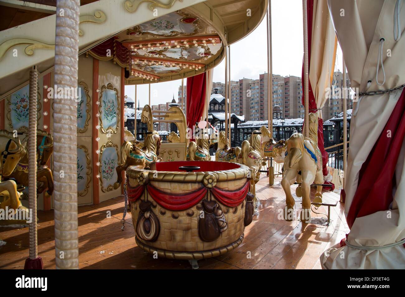Old classic French vintage carousel in a holiday park. Moscow, Russia ...