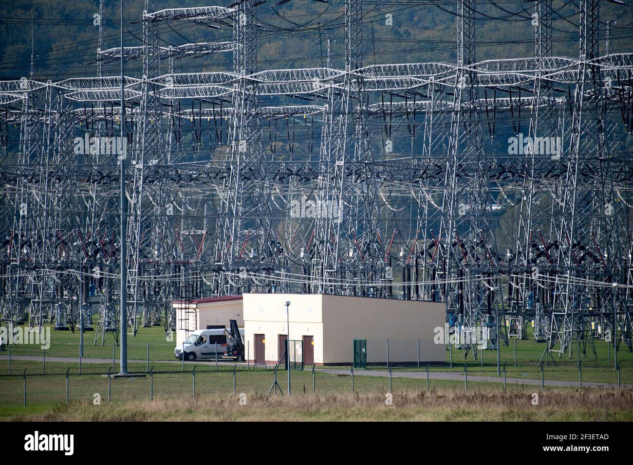 Electrical substation and high voltage power lines in Zarnowiec, Poland ...