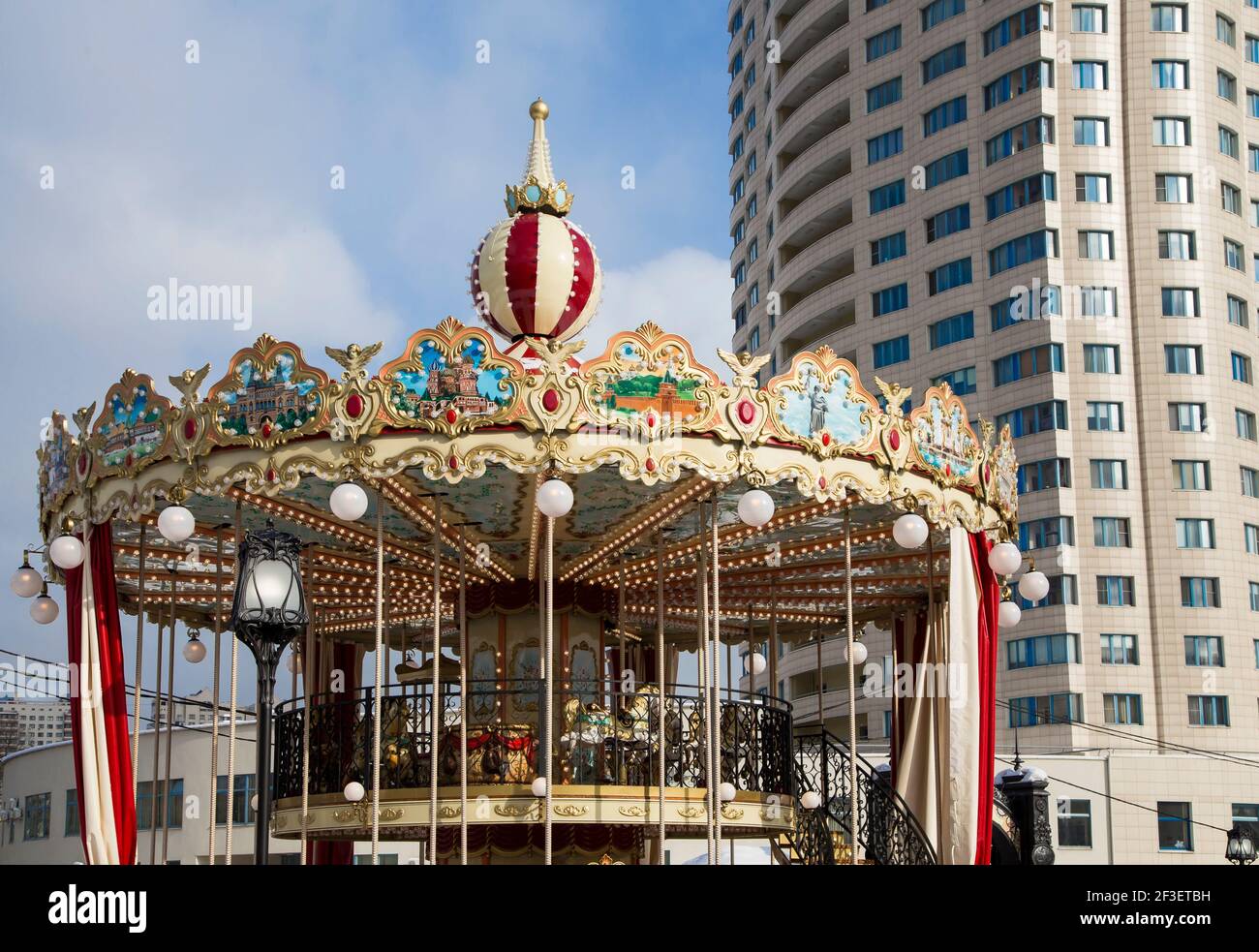 Old classic French vintage carousel in a holiday park. Moscow, Russia ...