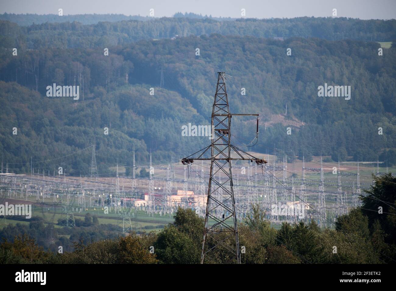 Electrical substation and high voltage power lines in Zarnowiec, Poland ...