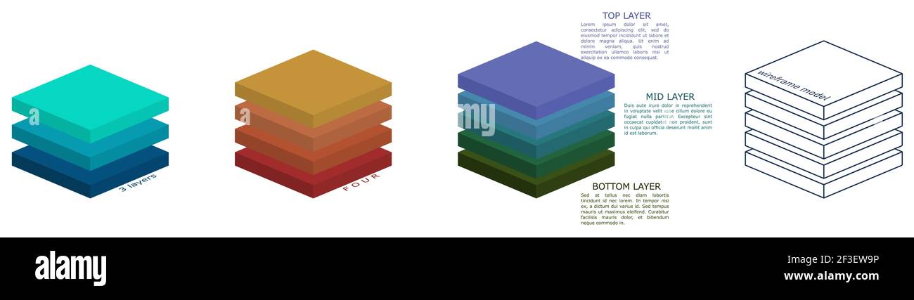 Simple three dimensional square layers drawing, different versions can ...