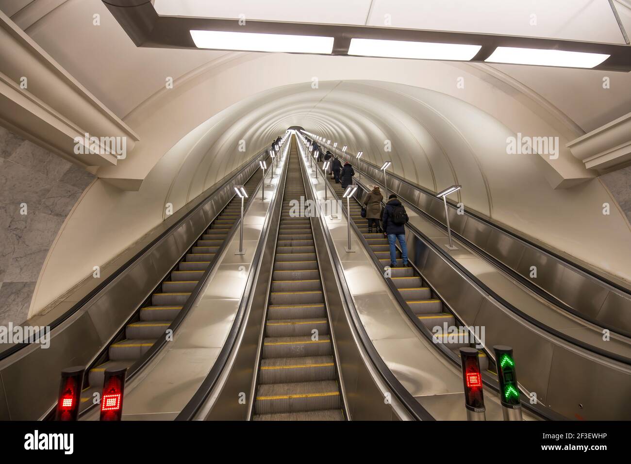Modern escalator in Moscow metro (Metro station Park Pobedy), Russia ...