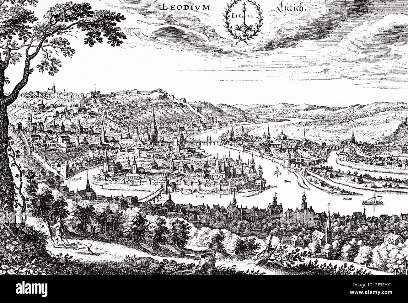 Old panoramic view of the city of Liege, Belgium, Europe. Old 19th ...