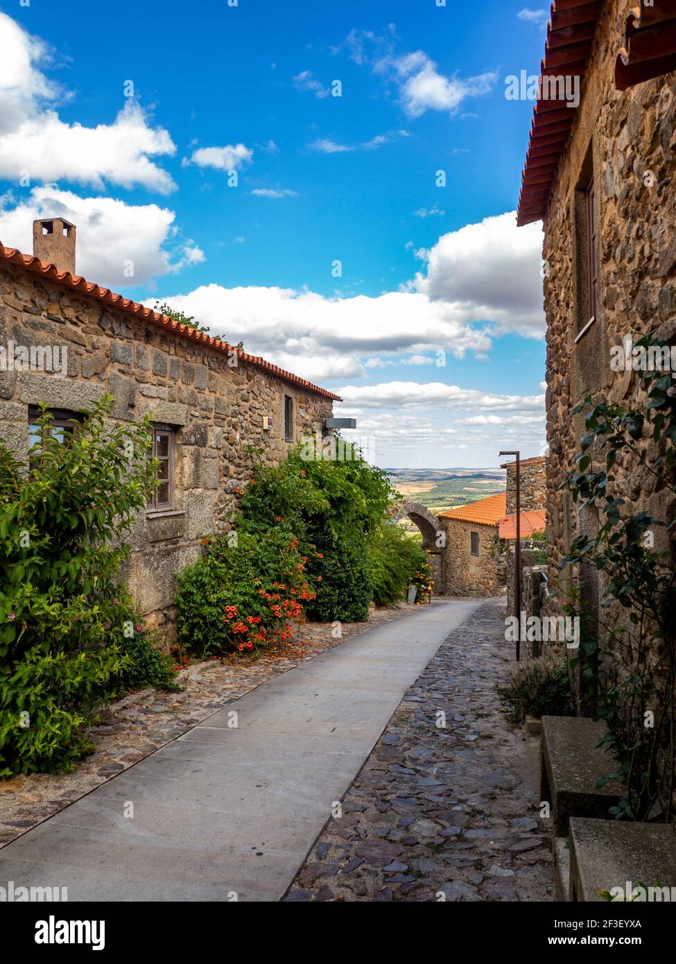 Castelo Rodrigo, Portugal - August 2020: View of the cobbled street ...