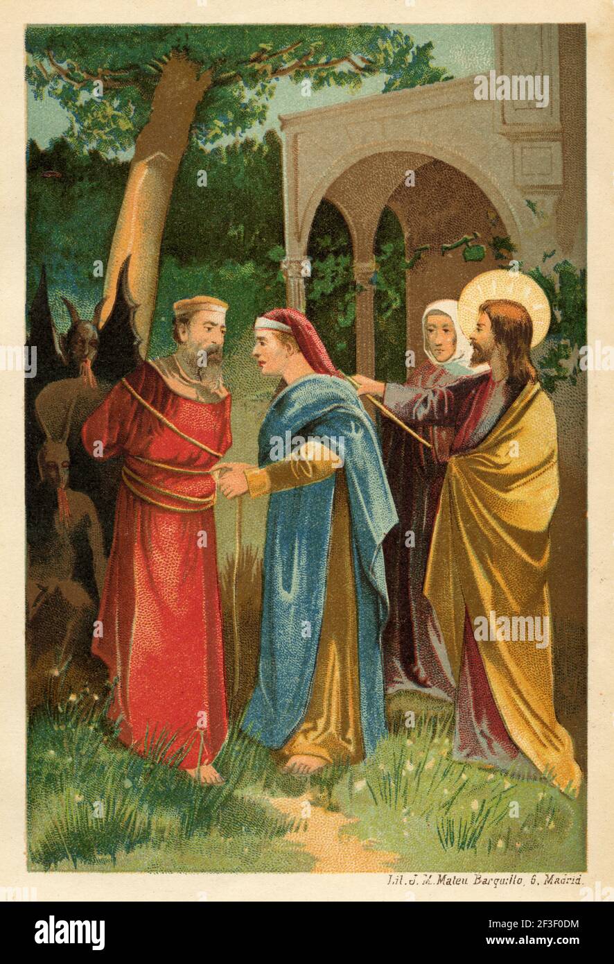 Jesus Christ casting out demons. Old 19th century Color lithography ...