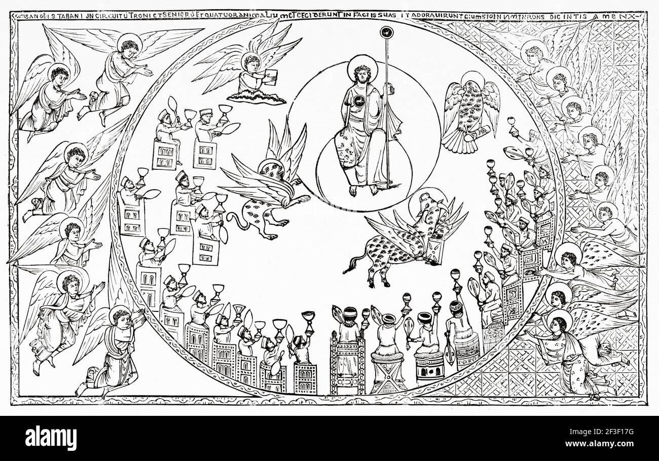 Vision of Saint John in the apocalypse. Old 19th century engraved ...