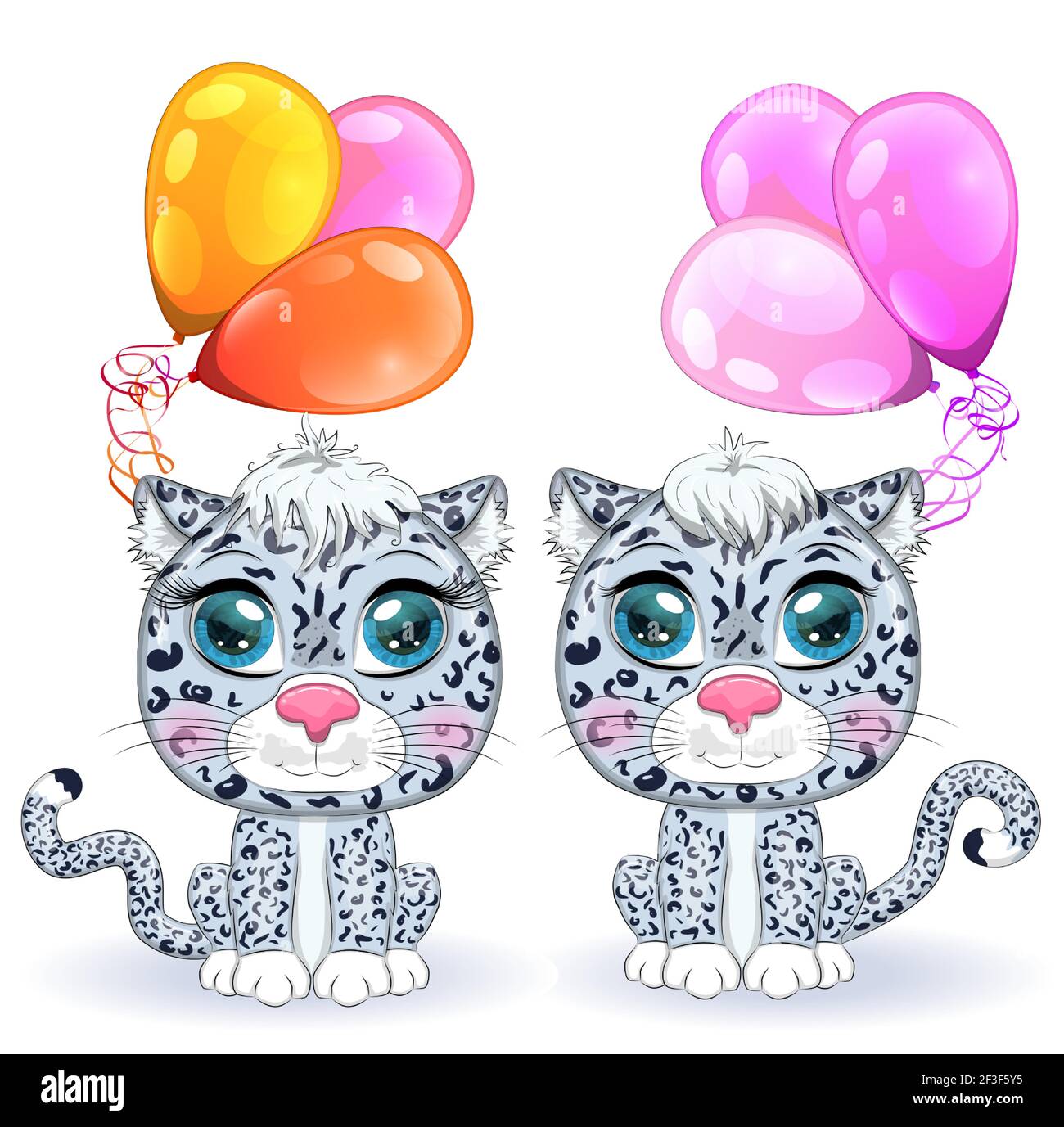 Cartoon snow leopard couple with expressive eyes with balloons, holiday ...