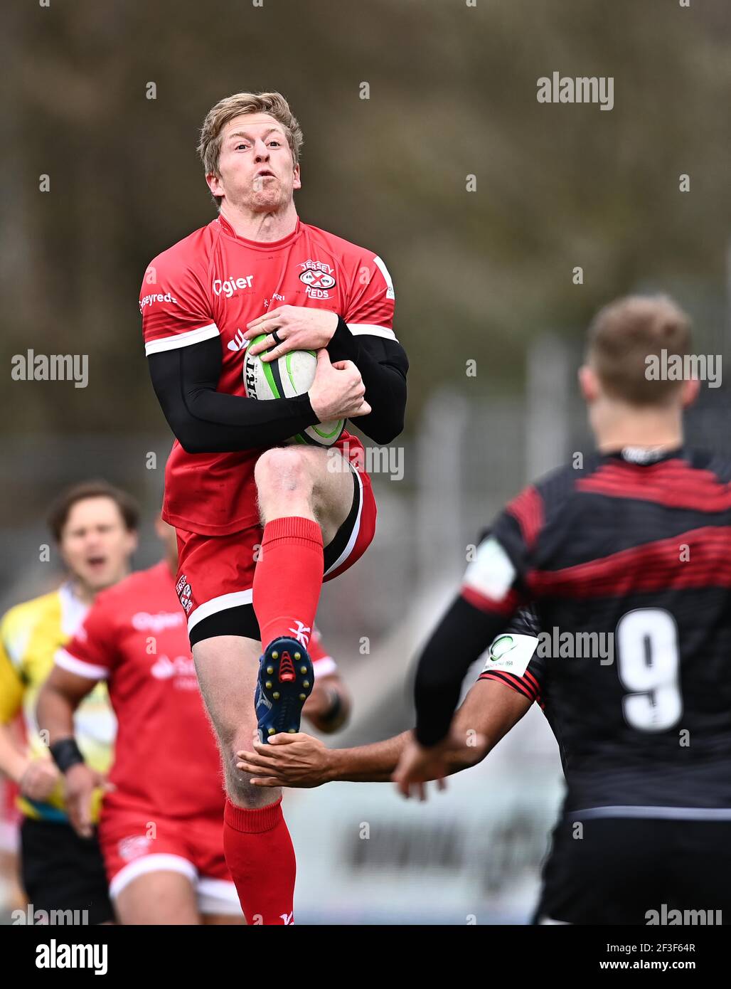 Hendon. United Kingdom. 13 March 2021. Scott van Breda (Jersey) catches ...