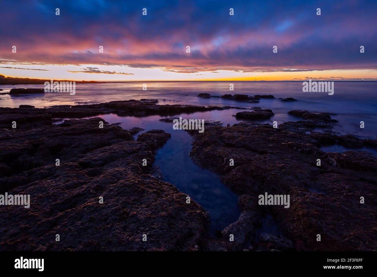 A beautiful landscape with the peaceful ocean gleaming under the pink ...