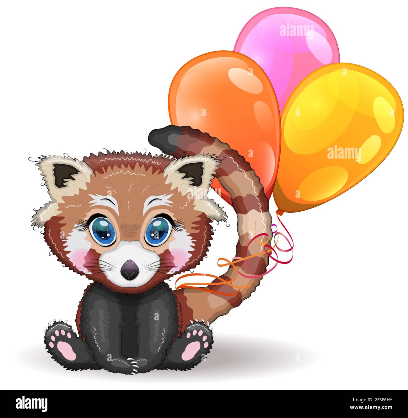 Red panda, cute character with balloons, greeting card, bright childish ...