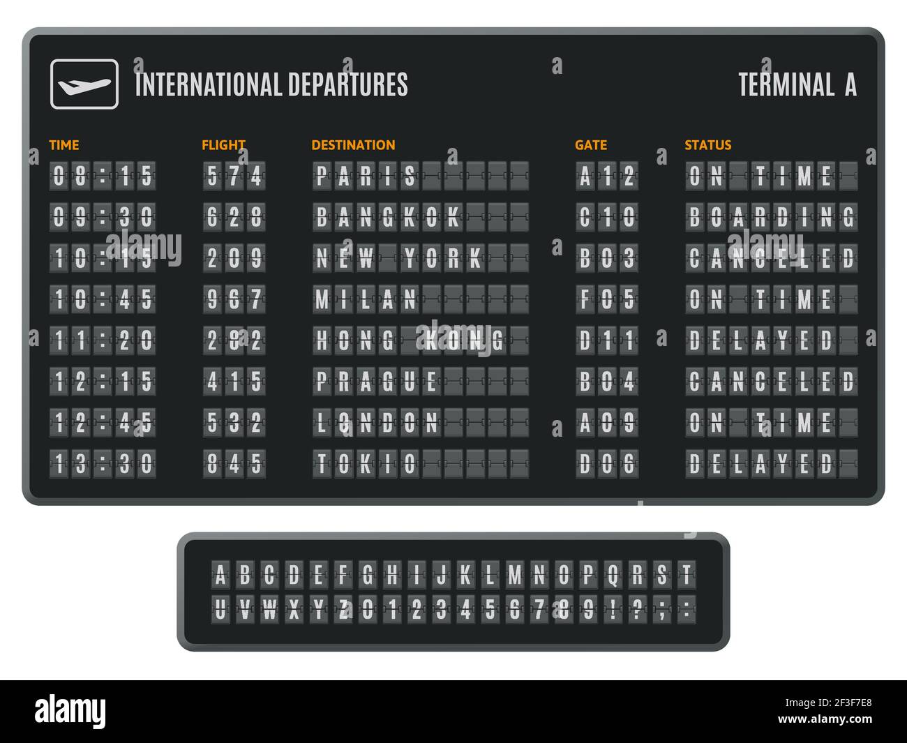 Airport flip board. Departures information scoreboard, flipping arrival ...
