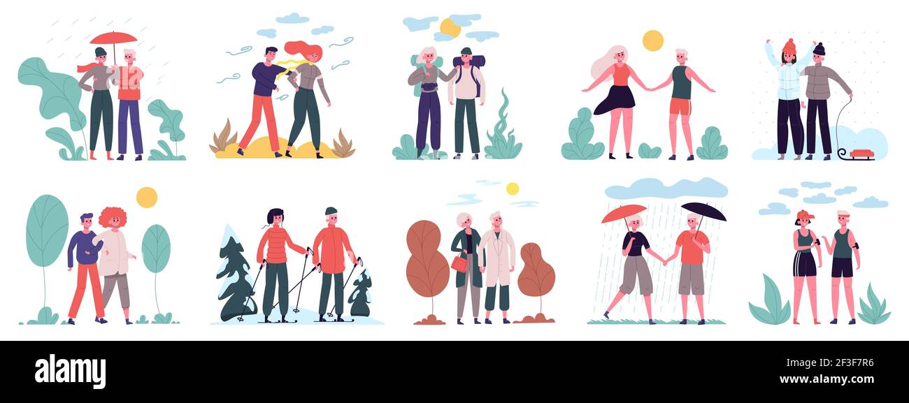 Different seasons. Couples walk at various weather, summer heat, winter ...