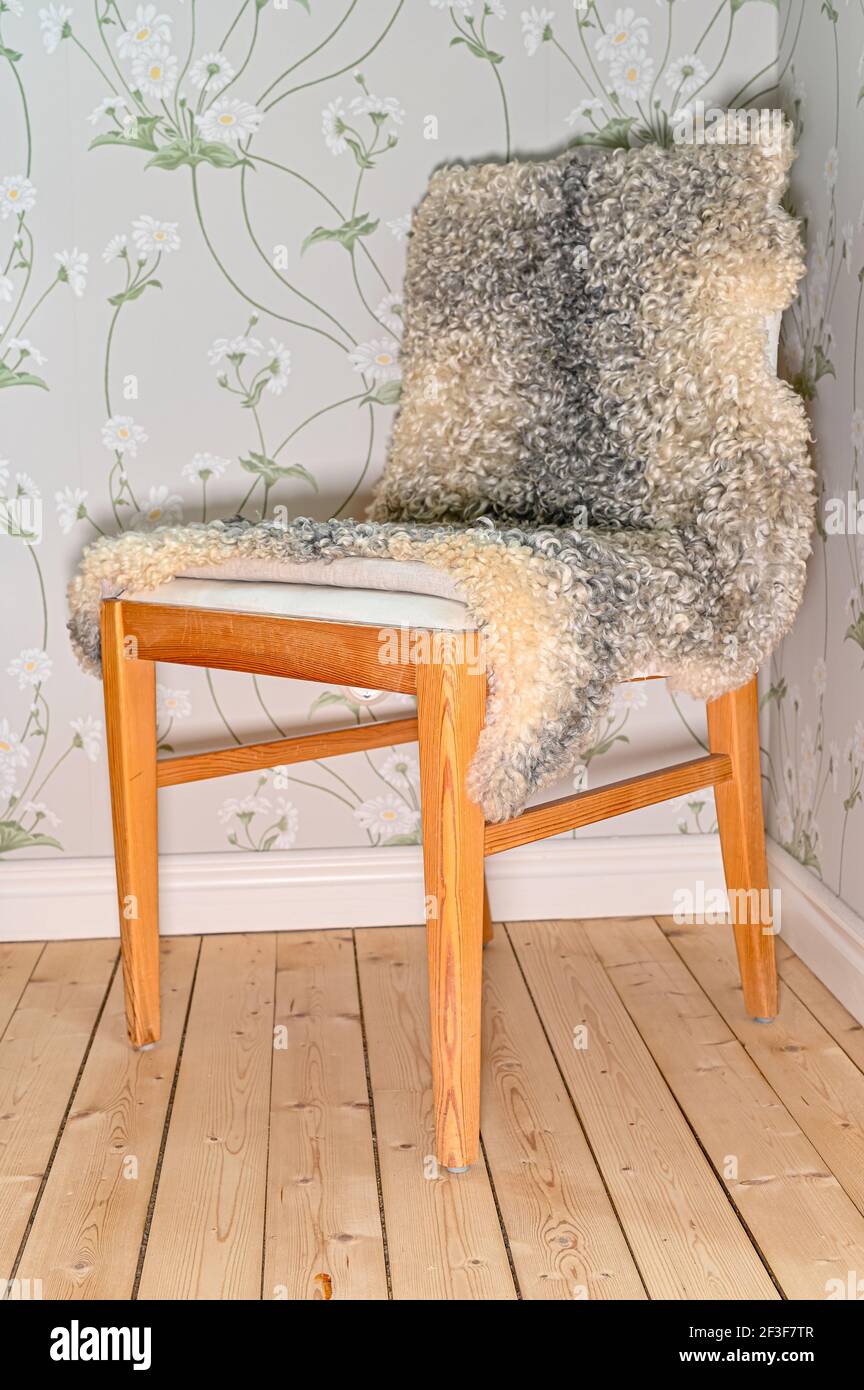 sheepskin hanging over wooden chair on wooden floor Stock Photo - Alamy