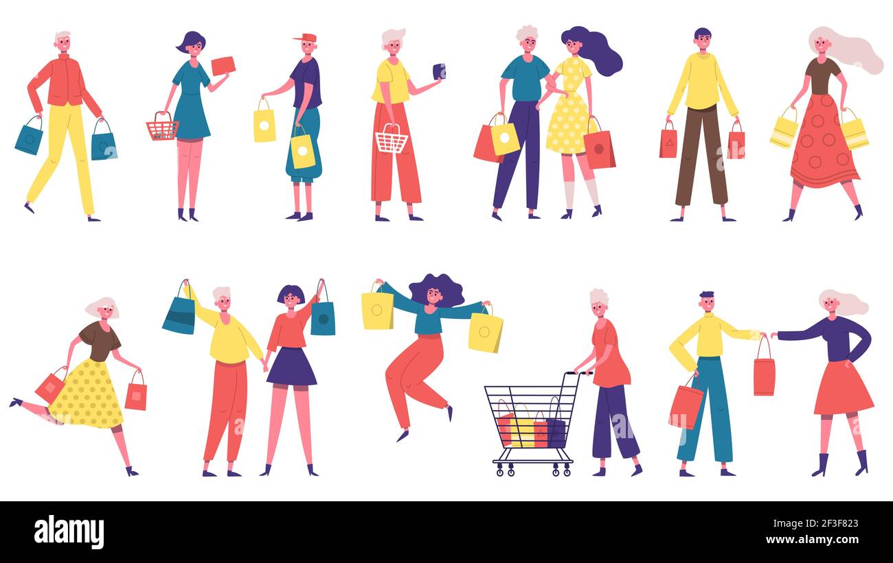 Shopping characters. Men and women carrying shopping bags, shopaholic ...