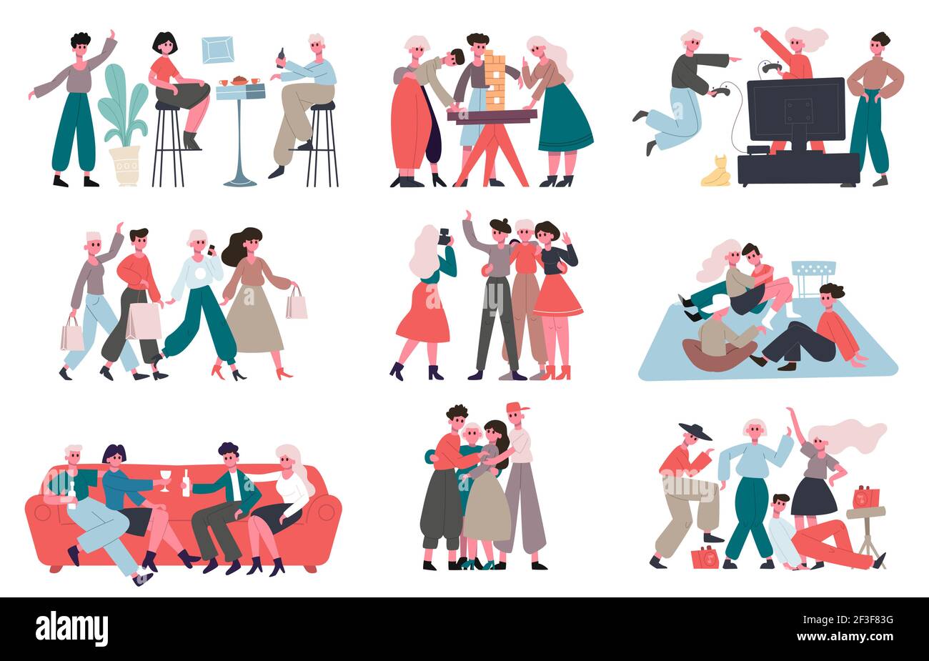 Friends characters. Happy friends spend time together, enjoy chatting ...