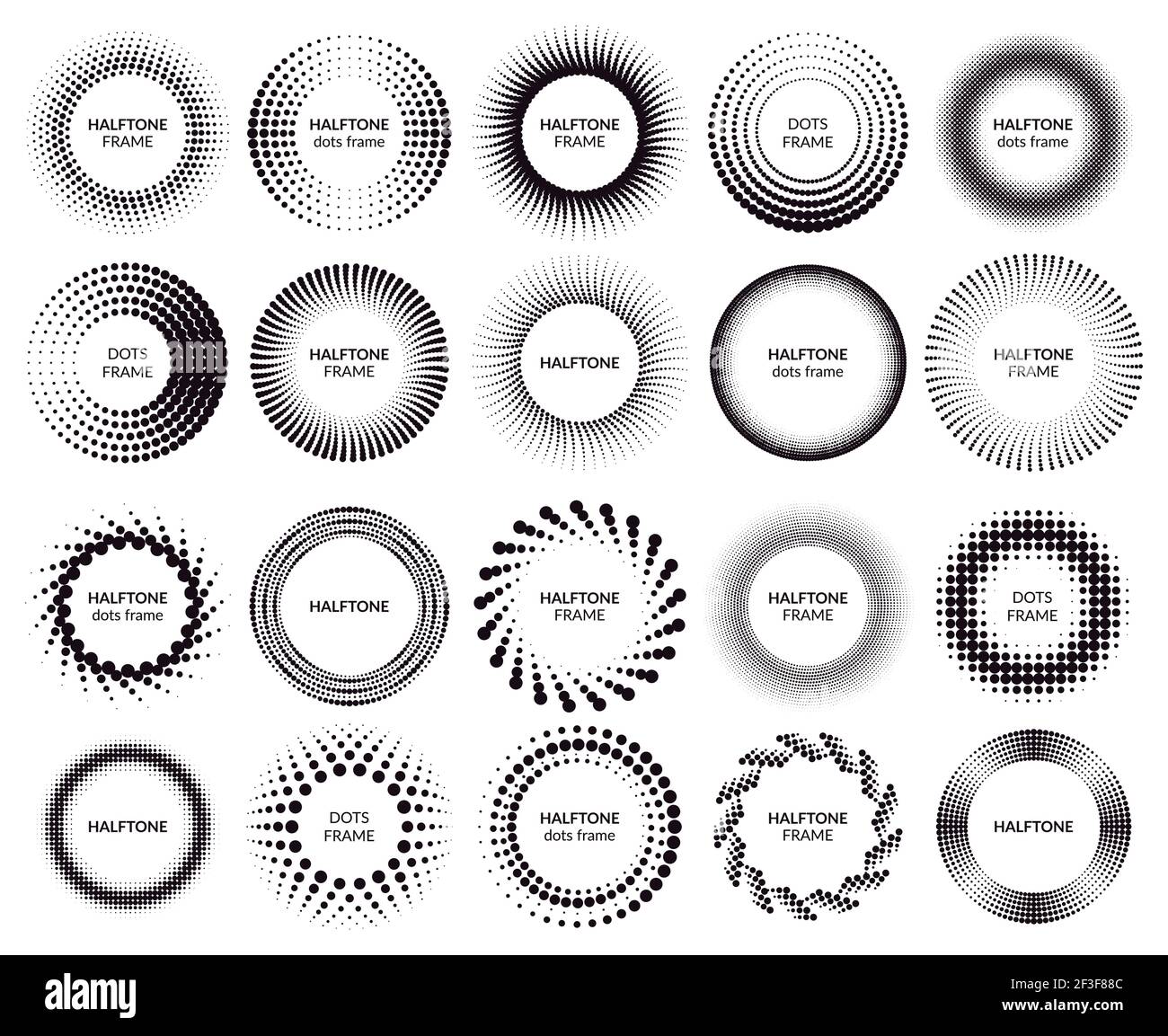 Circle dotted frames. Gradient halftone dots pattern shapes, dot spray ...