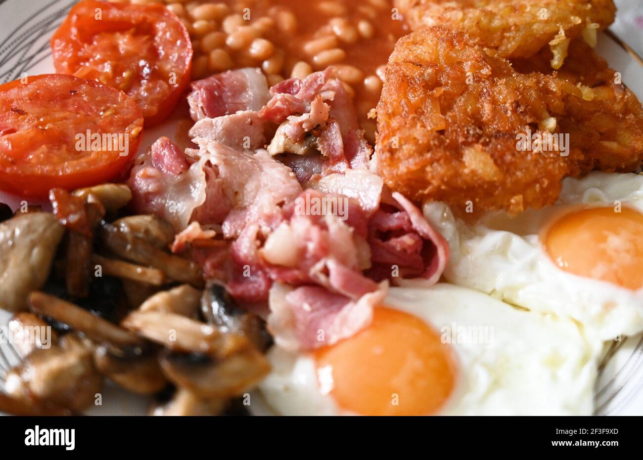 Traditional English Breakfast - plate with fried eggs, beans, mushrooms, bacon, hash browns and ...