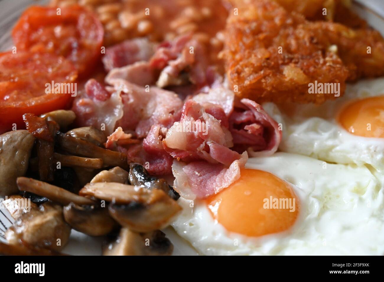Traditional English Breakfast - plate with fried eggs, beans, mushrooms, bacon, hash browns and ...