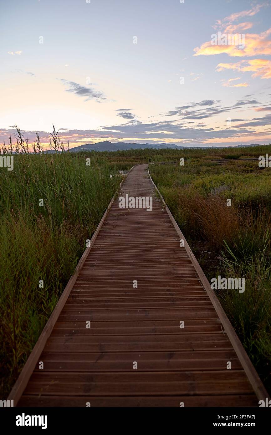 Wooden path over the water.marshland, sunset with clouds, solitary ...