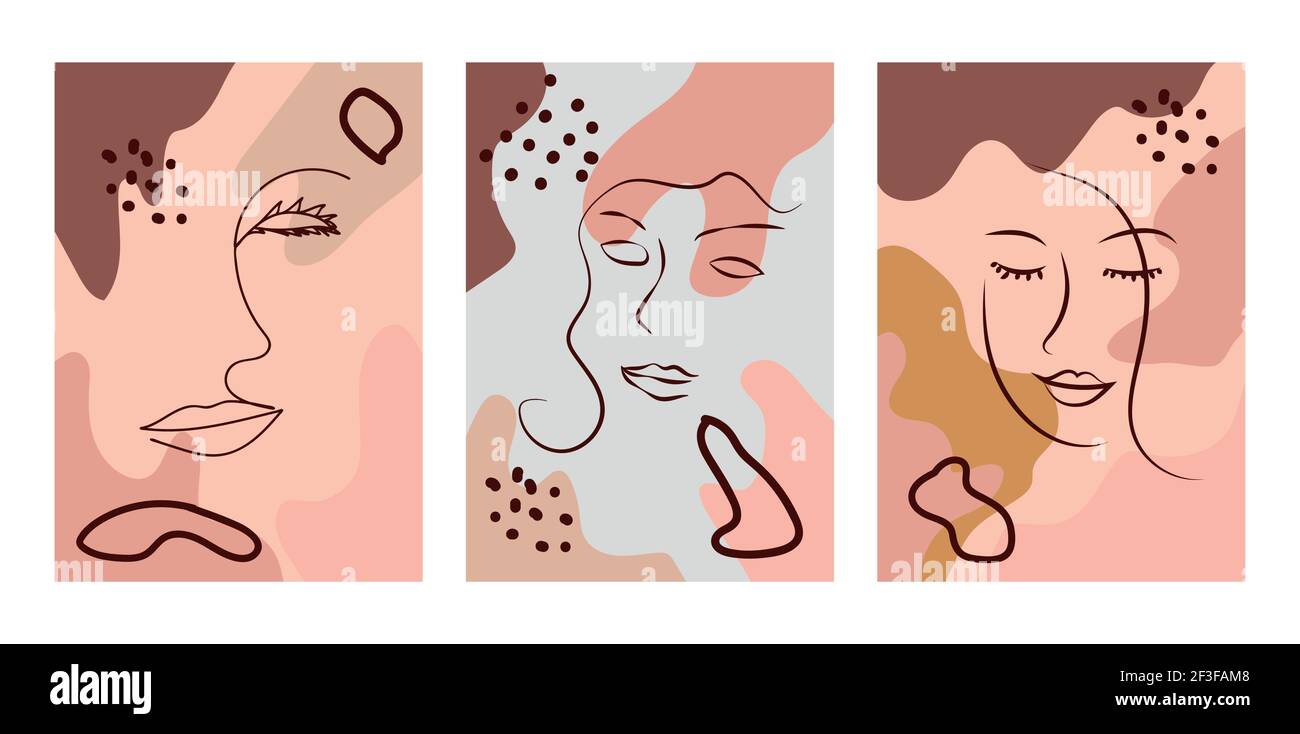 Set Of Womans Face Continuous Line Art Abstract Contemporary Collage