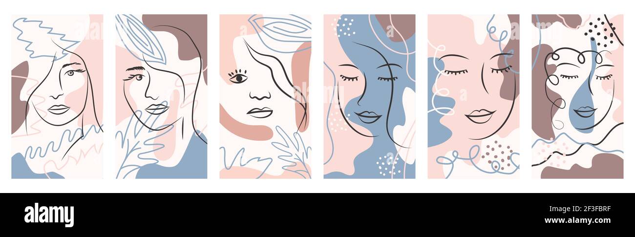 Set of Woman's Face continuous Line art. Portrait of a female For ...