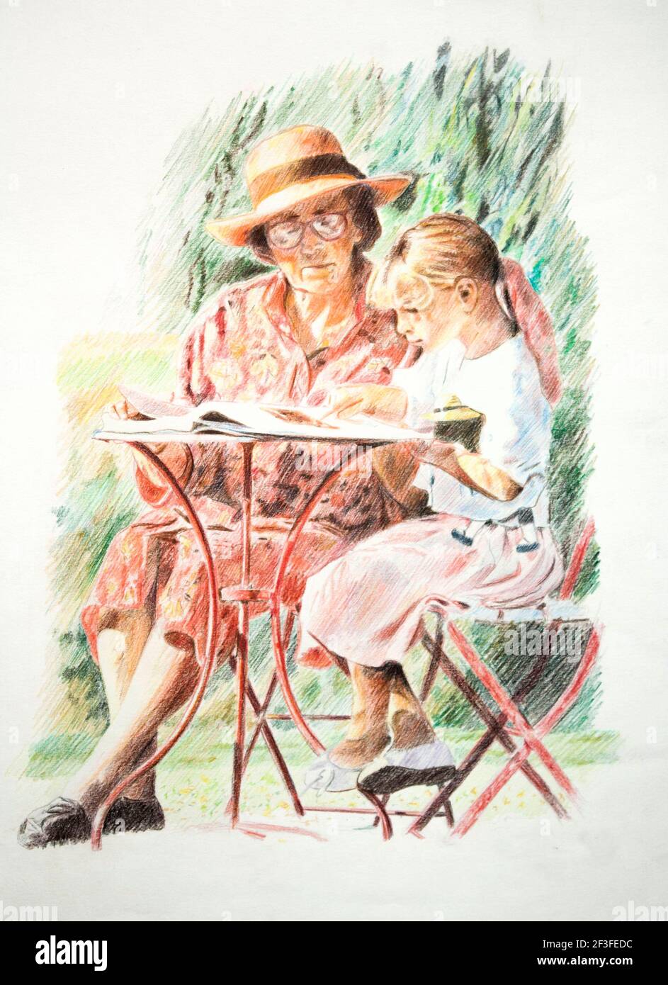 coloured pencil crayon drawing of old lady grandmother with ...