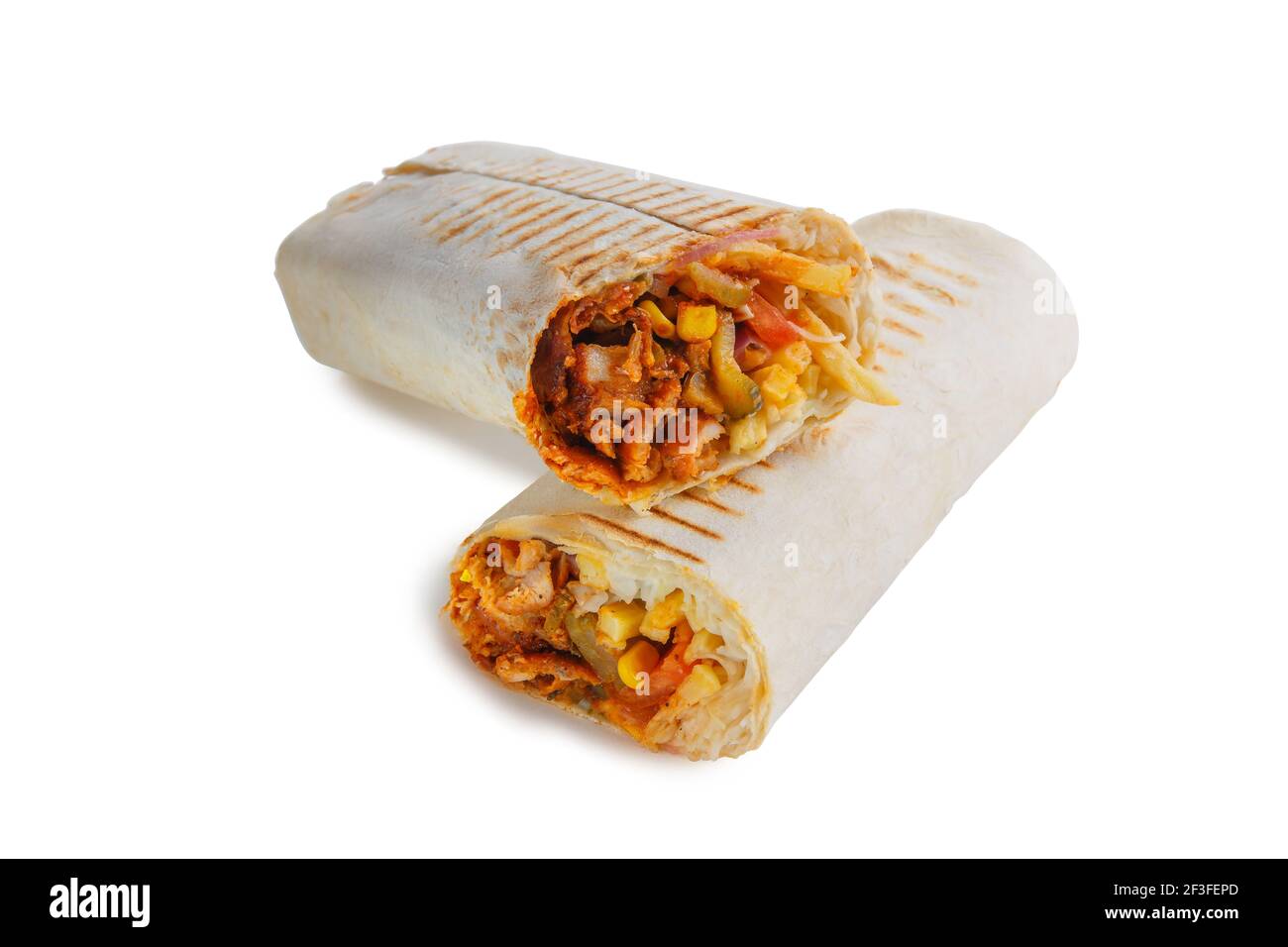 Two crossed pars of Eastern cheesy shawarma with layers of chicken meat ...