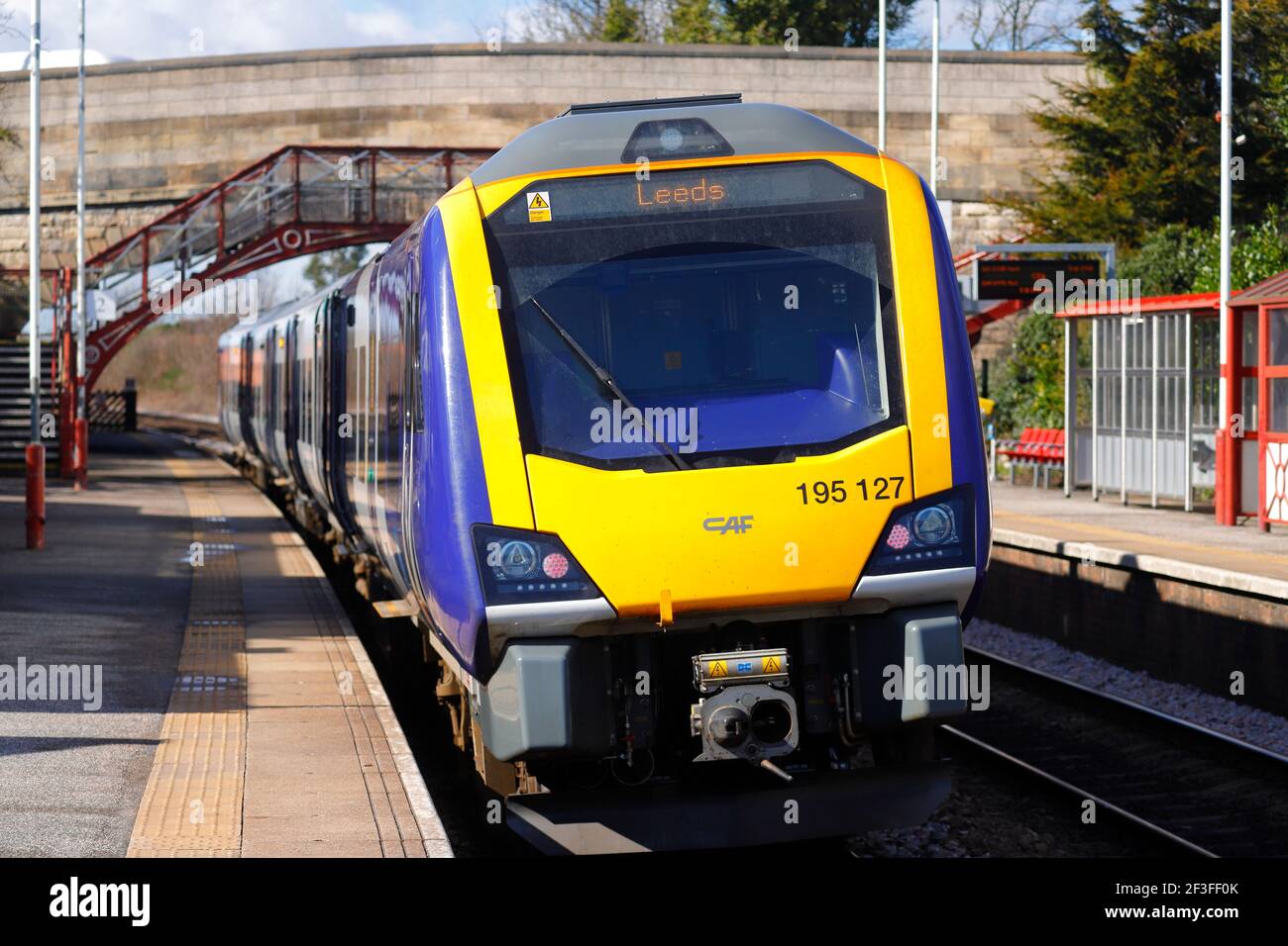 Rail Class 195 train by Northern Rail running through Garforth Station ...