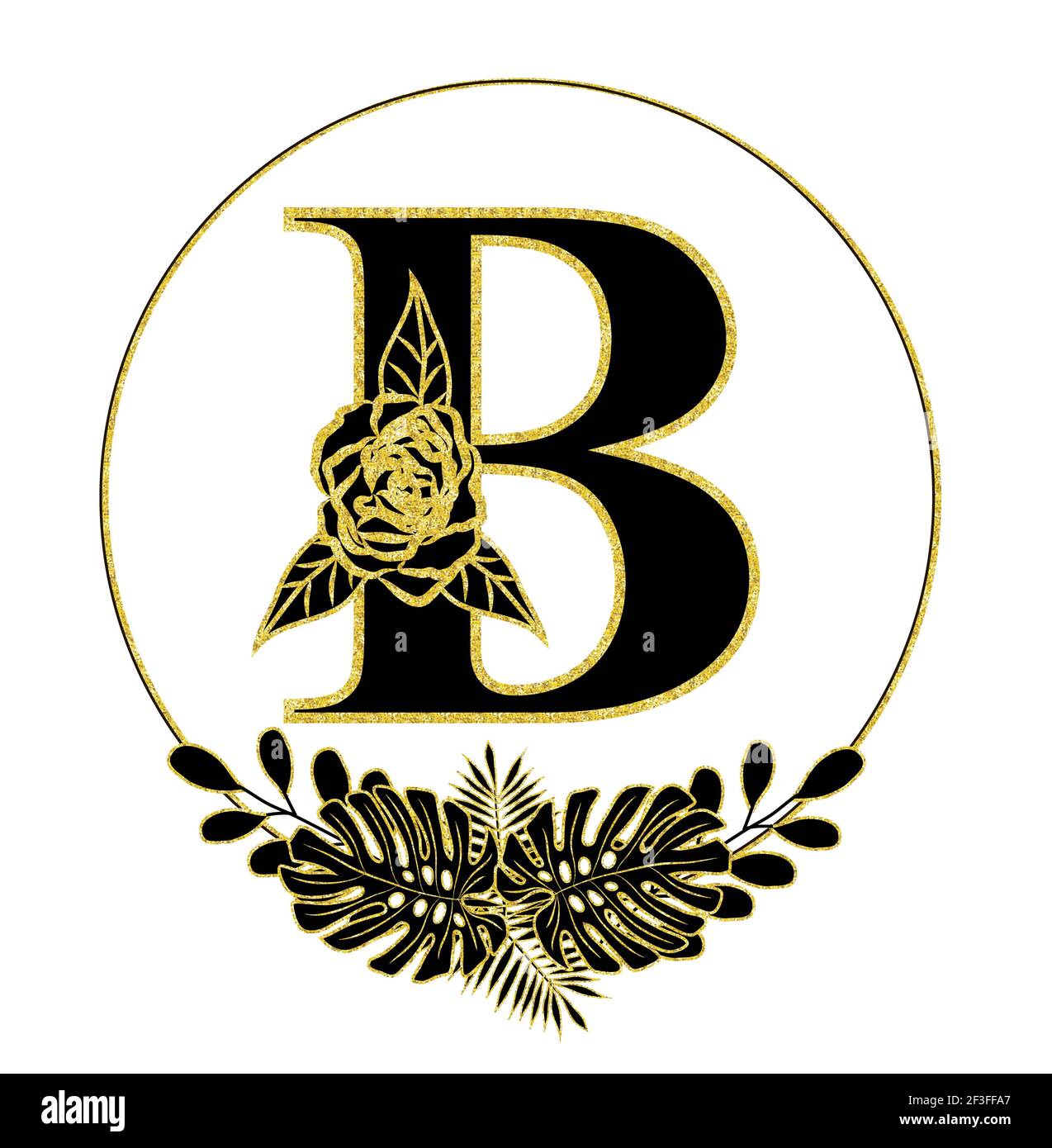 Floral Alphabet Letter B. Gold Monogram Letter in Frame. Botanical ...