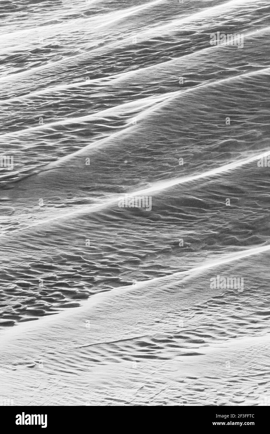 Black & white view of wind sculpted patterns in fresh snow; near the ...
