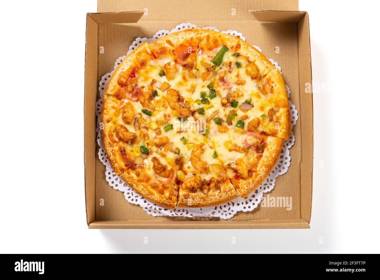 top view fresh pizza with shrimps and bacon toppings in a box Stock ...