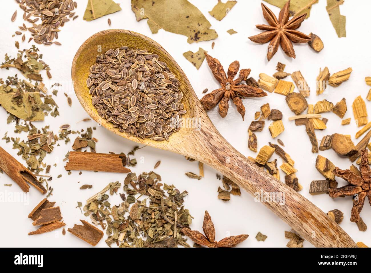 A studio overview of assorted dried herbs and spices for cooking Stock ...