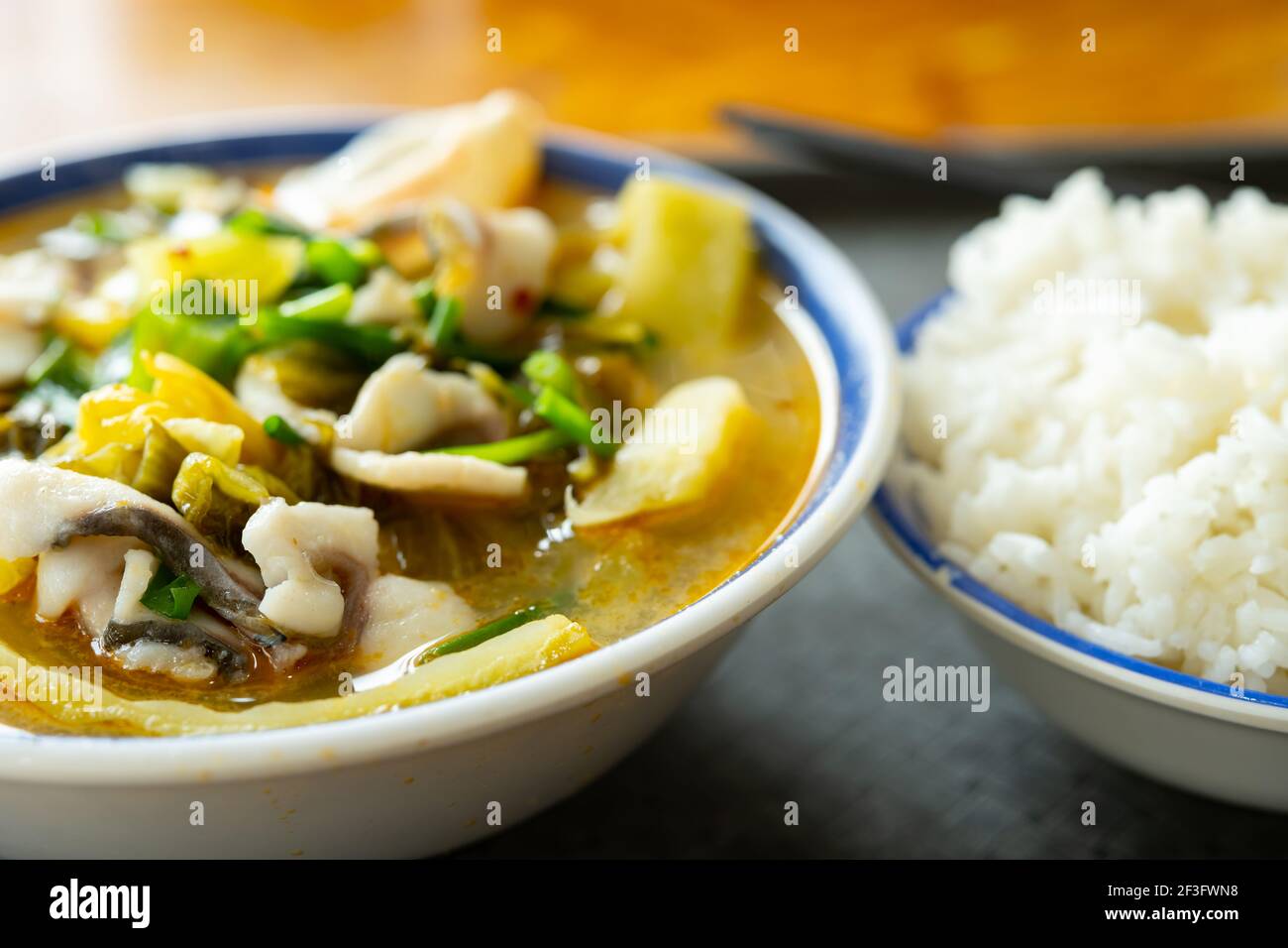 angle view fast food of spicy boiled fish with rice horizontal ...