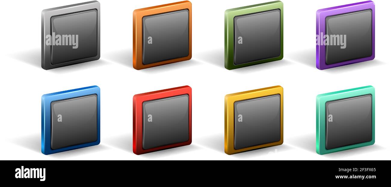 Set of square button with metal frame isolated on white background ...